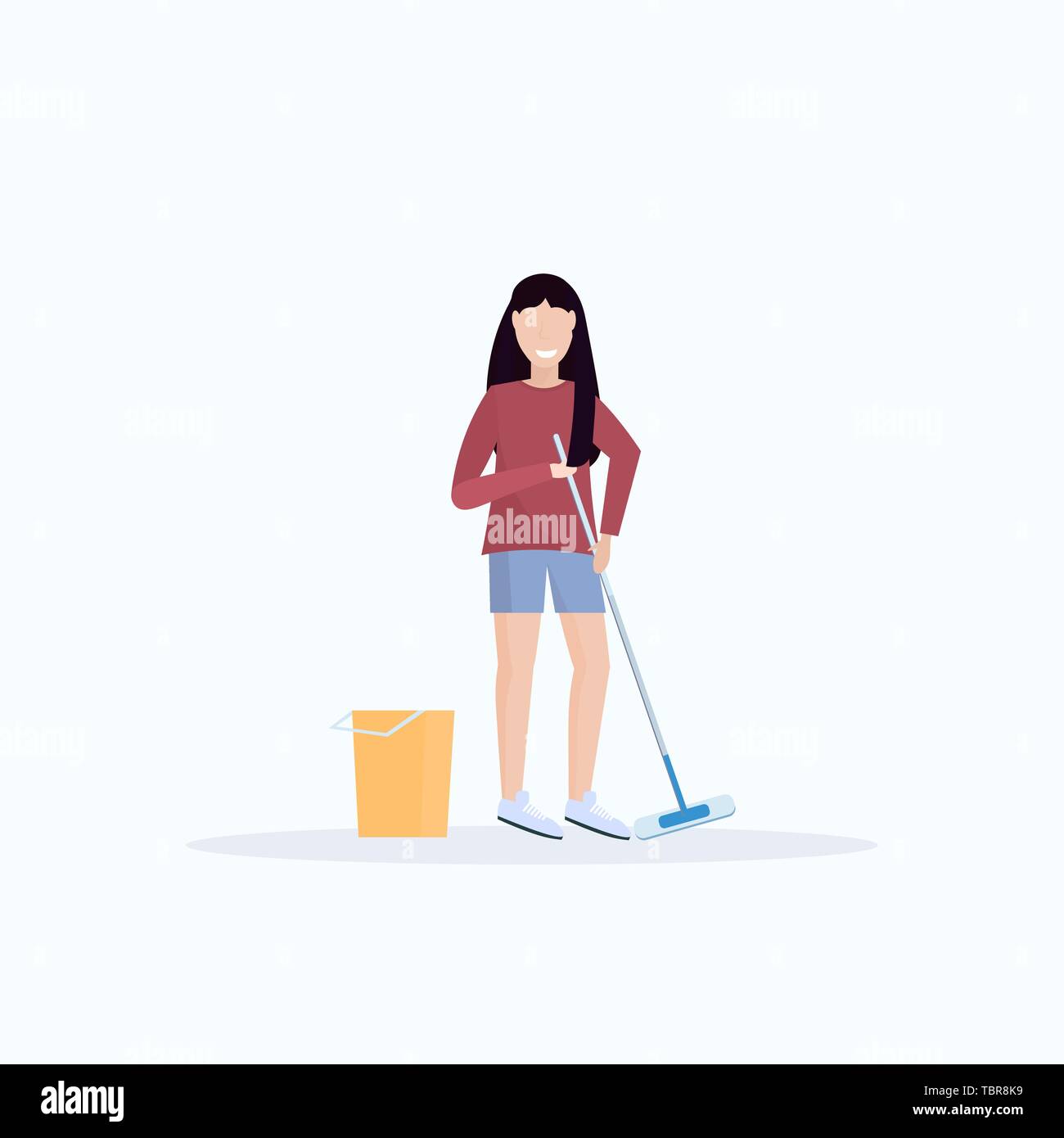 housewife mopping floor smiling woman cleaner holding mop cleaning ...