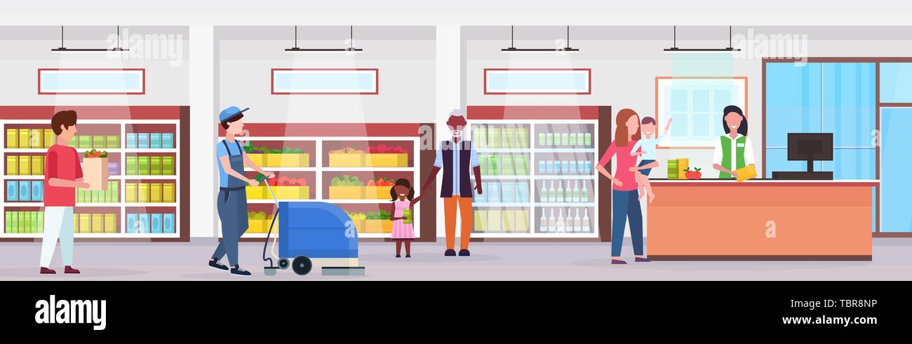 man using professional washing machine cleaner supermarket janitor in ...