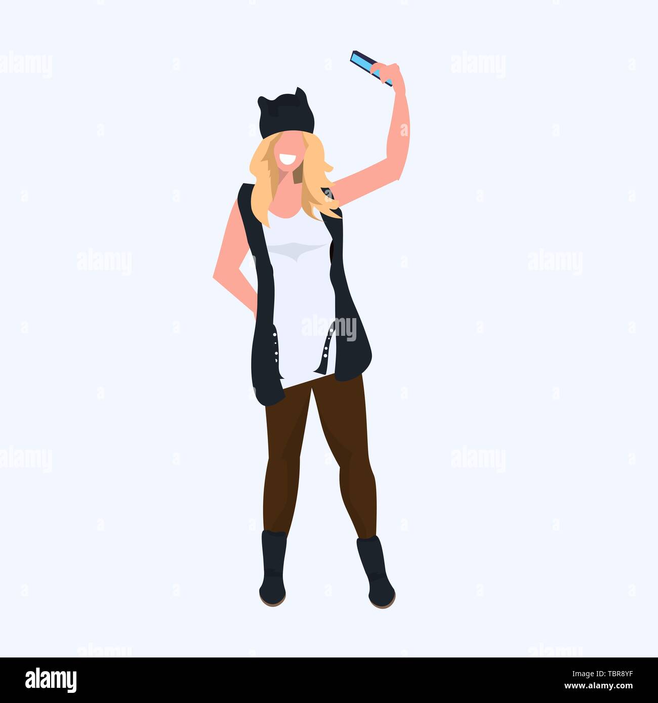 woman taking selfie photo on smartphone camera casual female cartoon ...