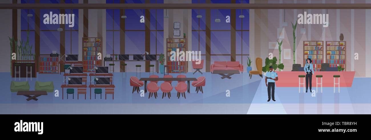 couple security guards with flashlights working at night in creative co ...