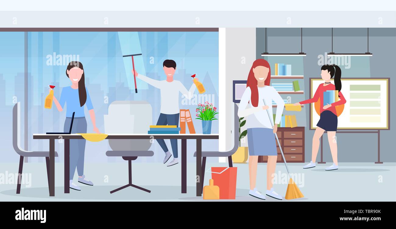 casual coworkers team cleaners working together cleaning service ...
