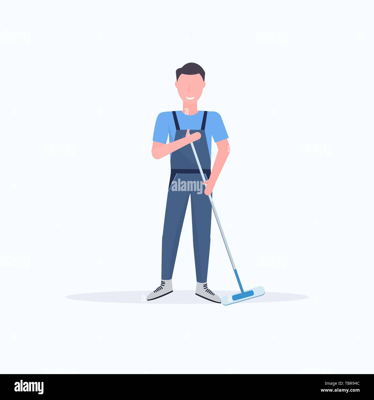 male janitor in uniform mopping floor man cleaner holding mop cleaning ...