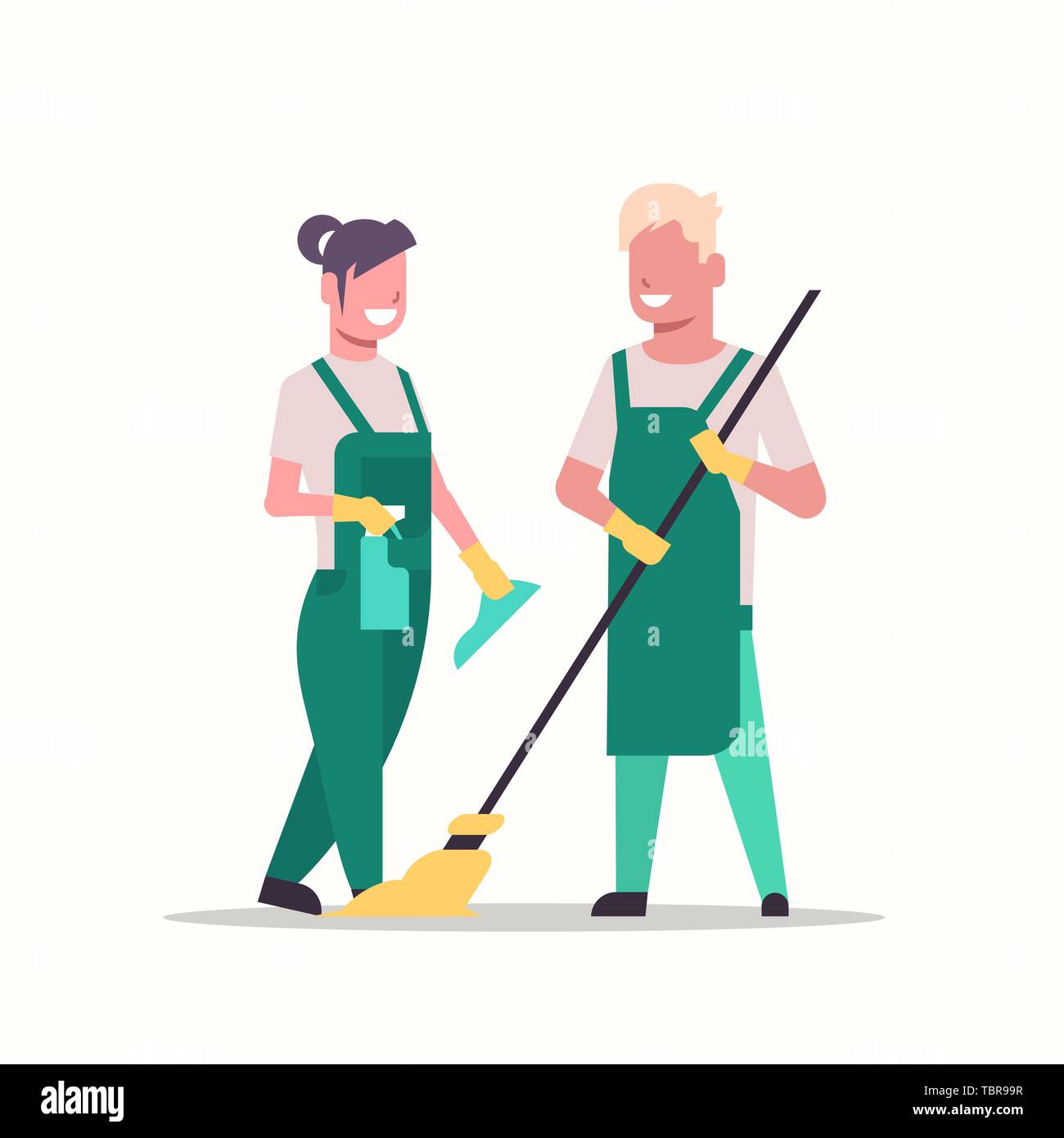 couple janitors man woman in uniform cleaning service concept cleaners ...