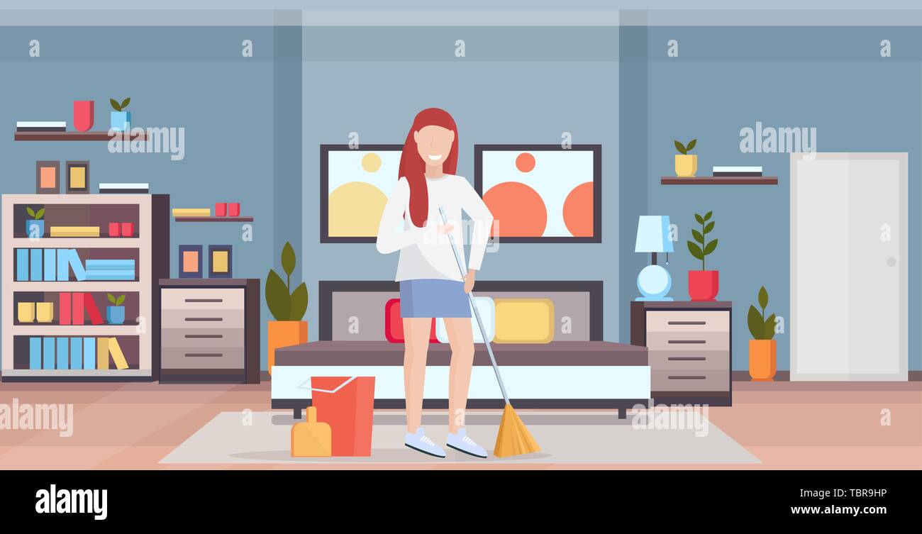 housewife holding broom woman cleaner doing housework sweeping floor ...