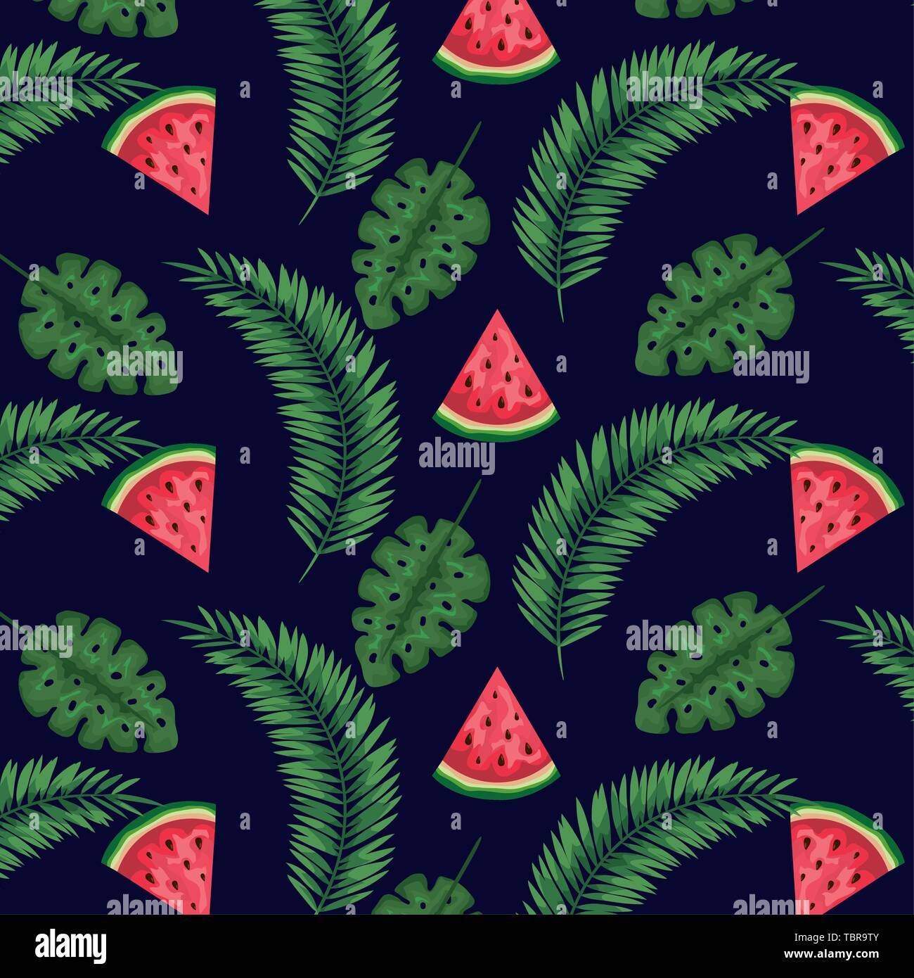 watermelon fruits with exotic leaves plants background Stock Vector ...