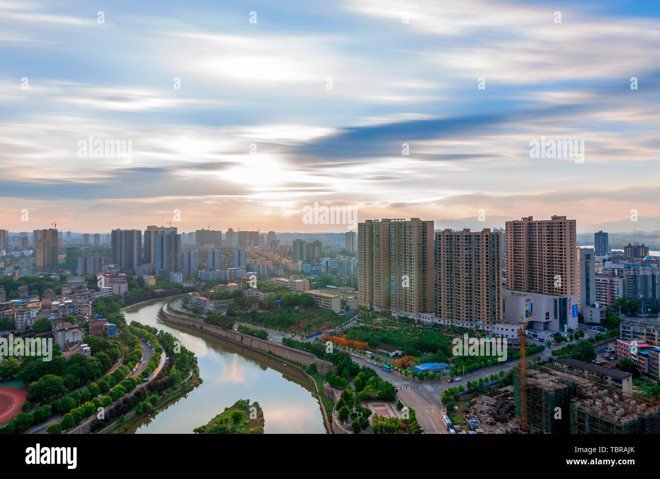 High rise building city no one with modern air and river hi-res stock ...