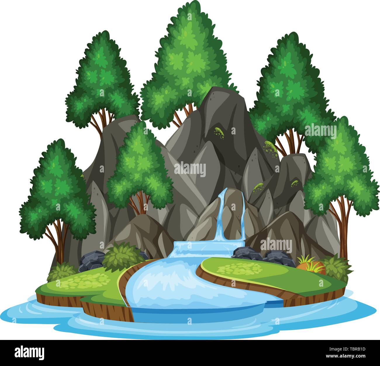 Isolated waterfall landscape on white background illustration Stock ...