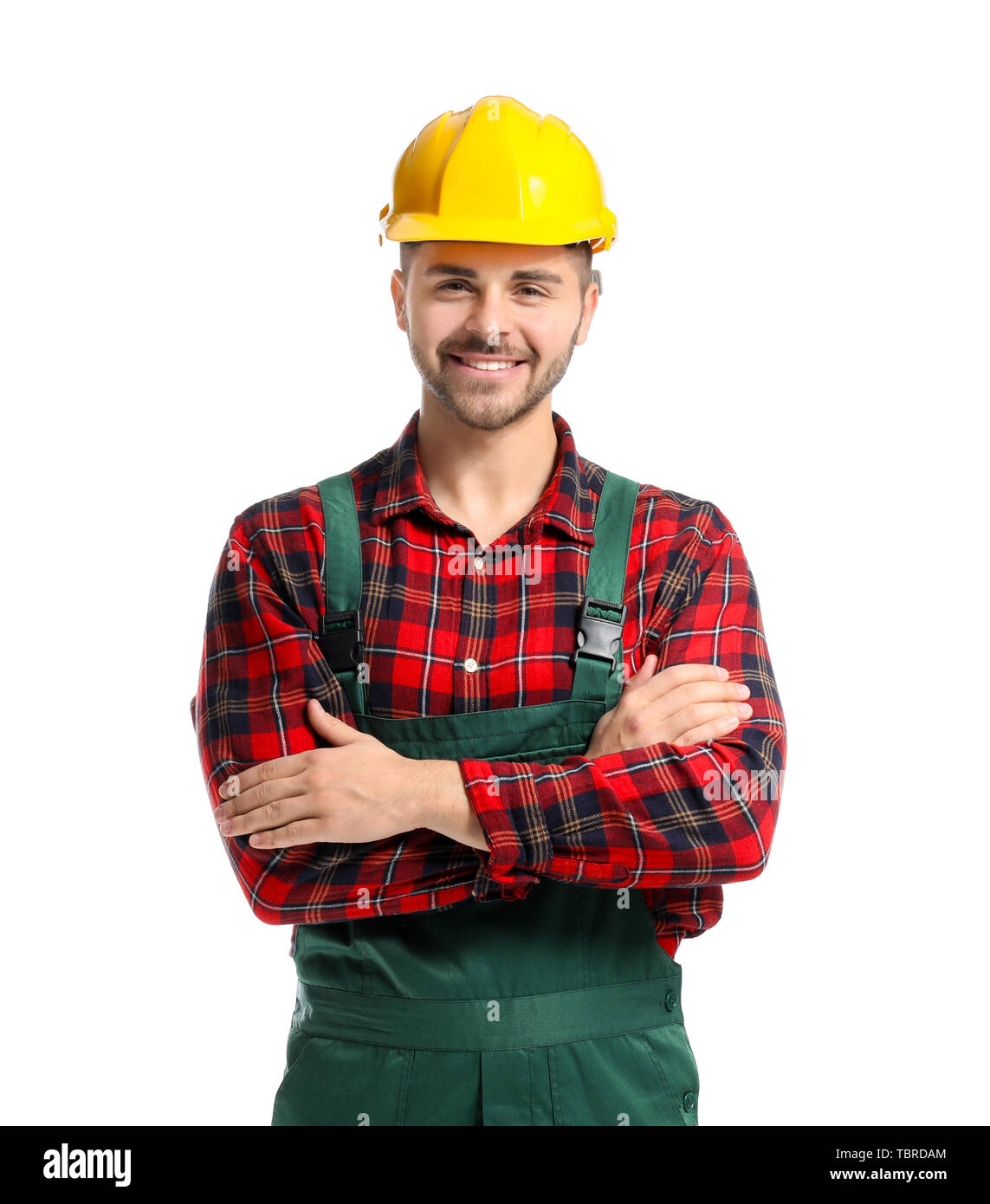 Male worker on white background Stock Photo - Alamy