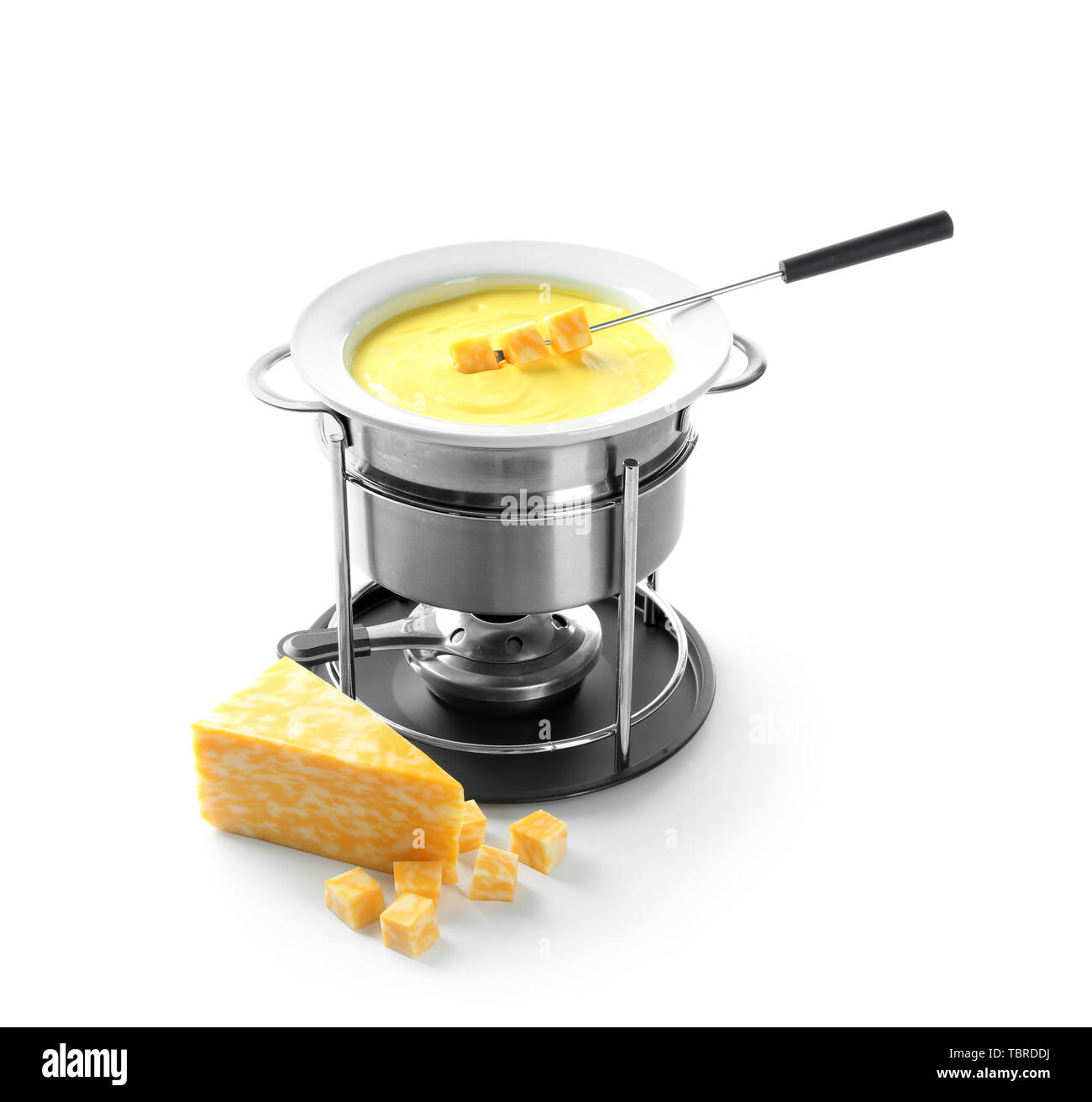 Fondue pot with melted cheese on white background Stock Photo - Alamy