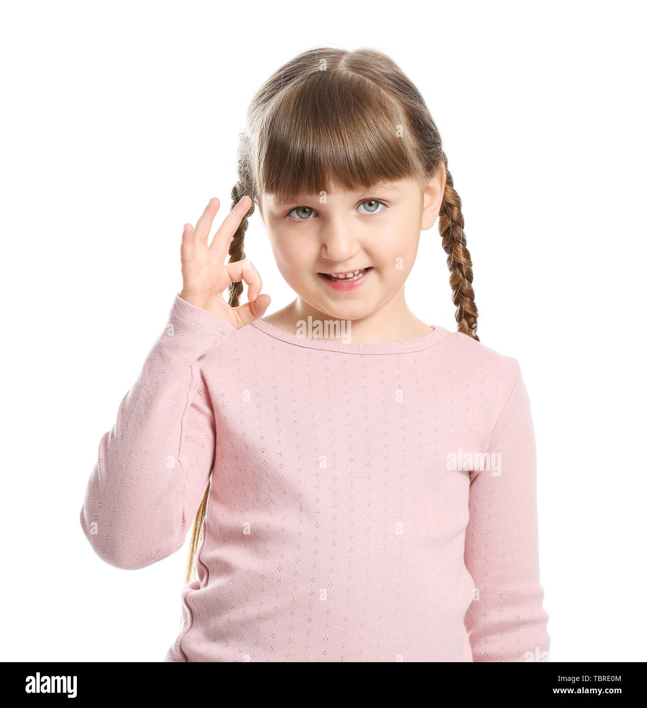 Cute deaf mute girl using sign language on white background Stock Photo ...