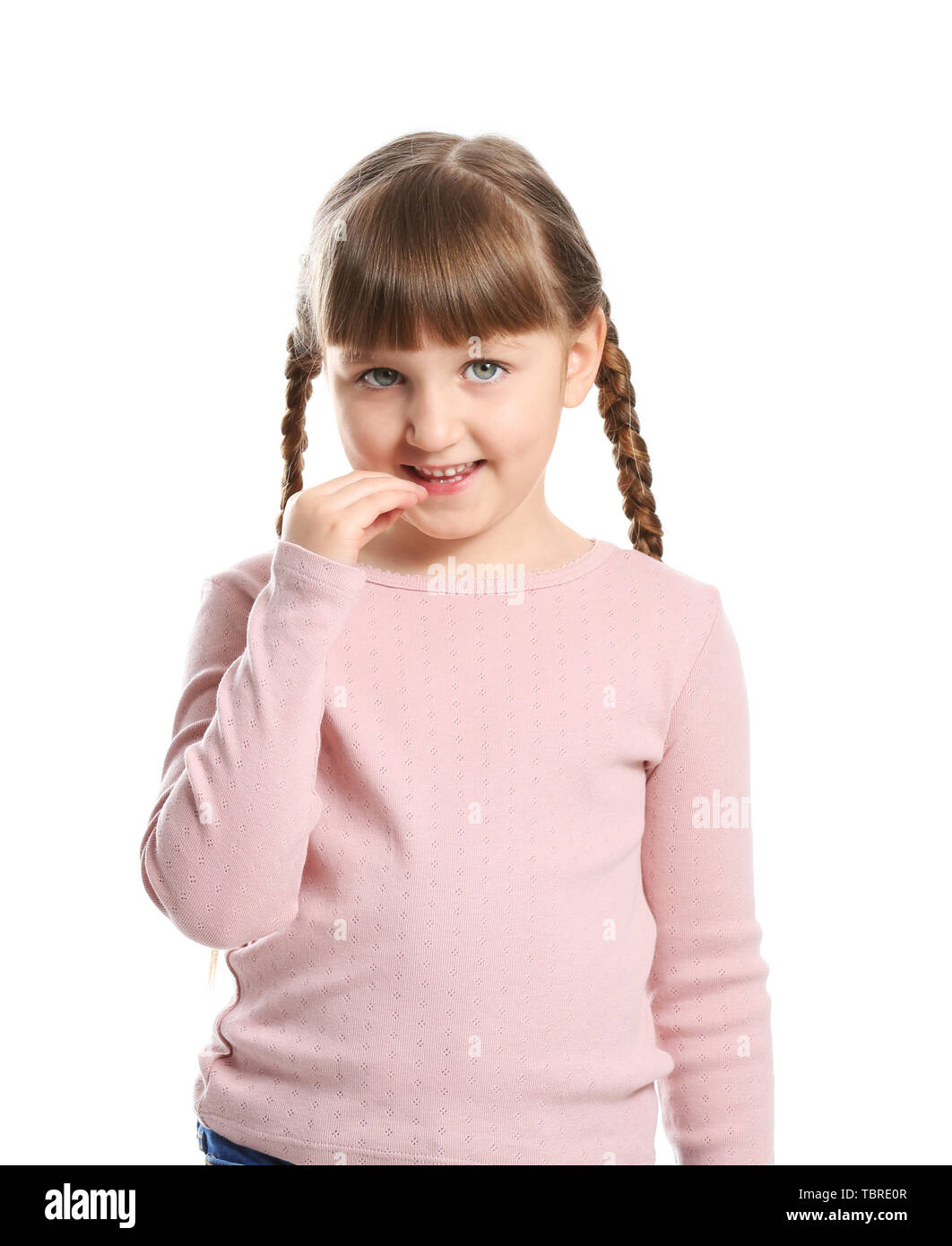 Cute deaf mute girl using sign language on white background Stock Photo ...
