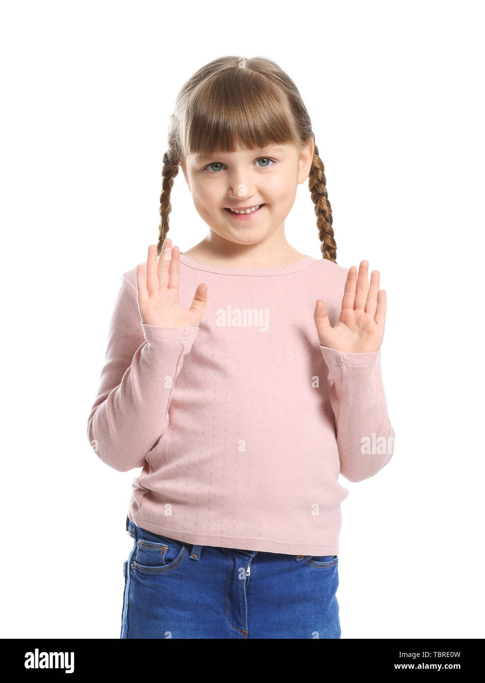 Cute deaf mute girl using sign language on white background Stock Photo ...