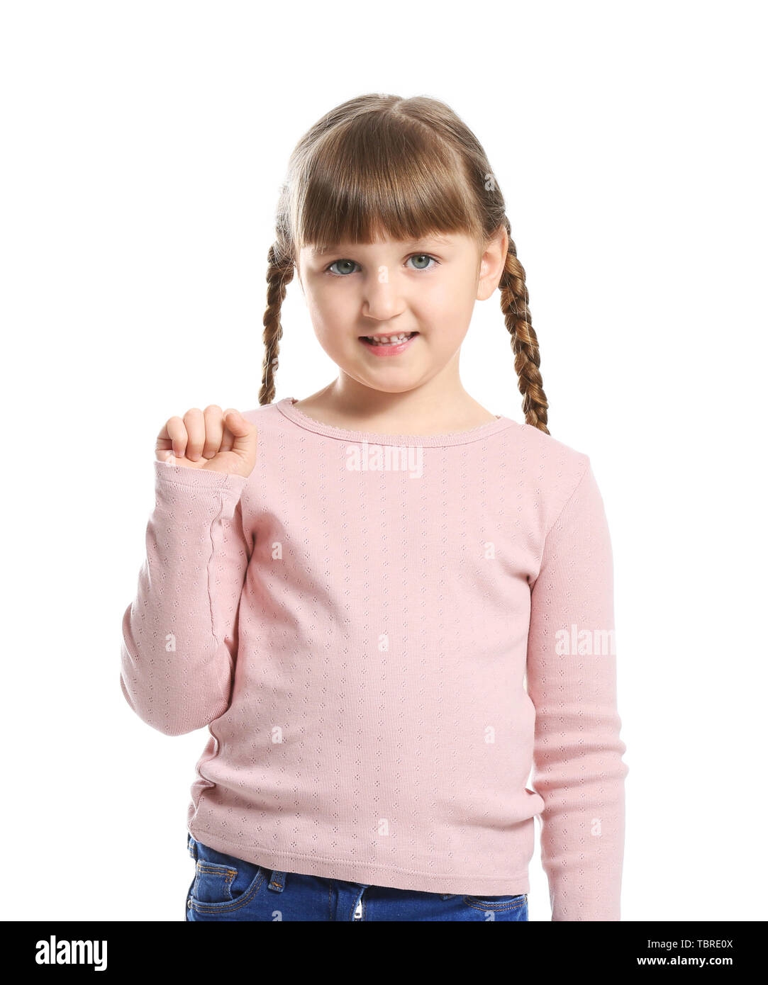 Cute deaf mute girl using sign language on white background Stock Photo ...