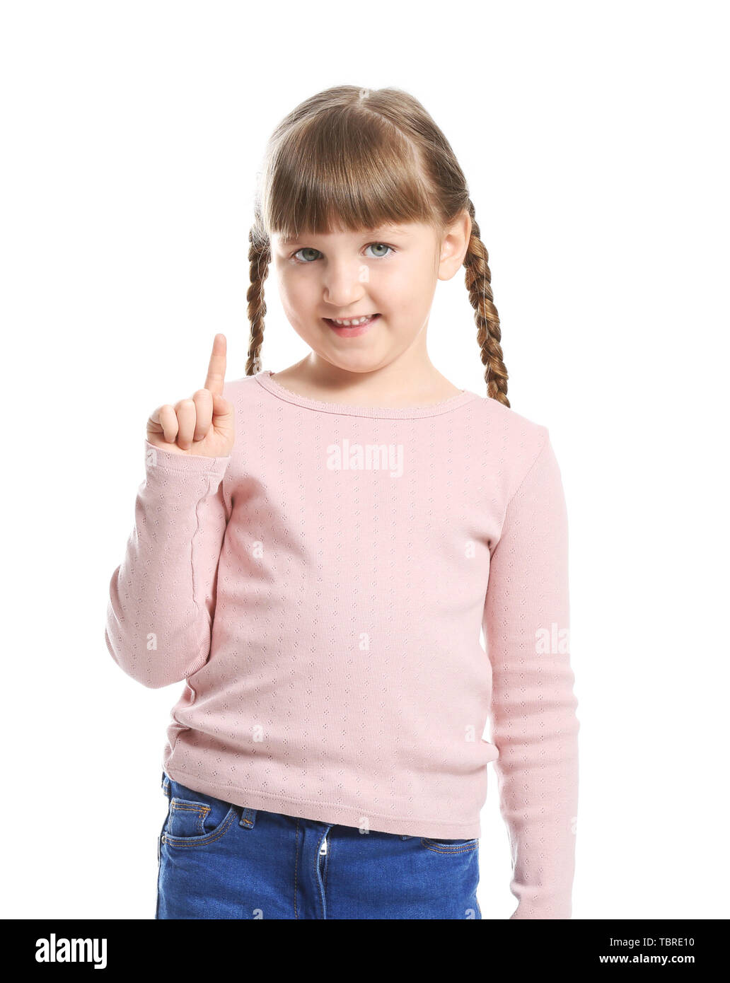 Cute deaf mute girl using sign language on white background Stock Photo ...