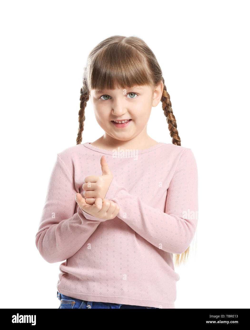 Cute deaf mute girl using sign language on white background Stock Photo ...