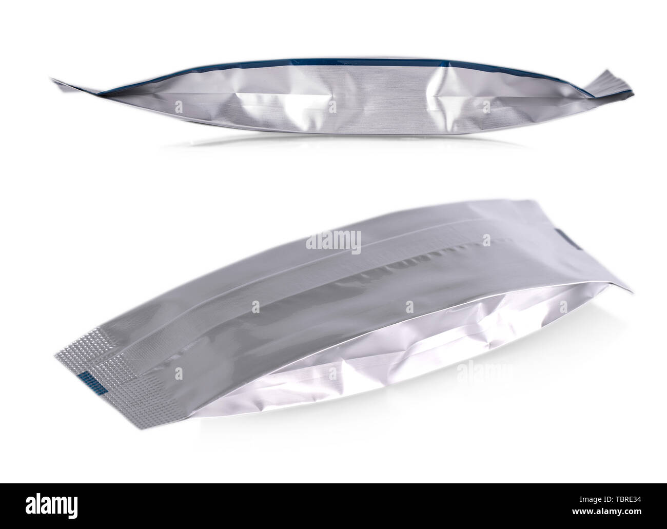 Silver foil zipper bag packaging on white background Stock Photo - Alamy