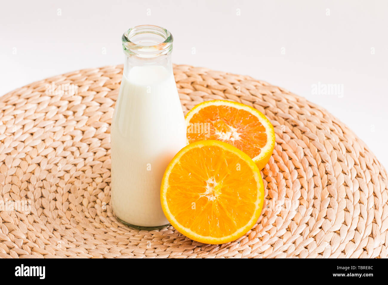 Fresh fruit, milk, orange juice Stock Photo - Alamy