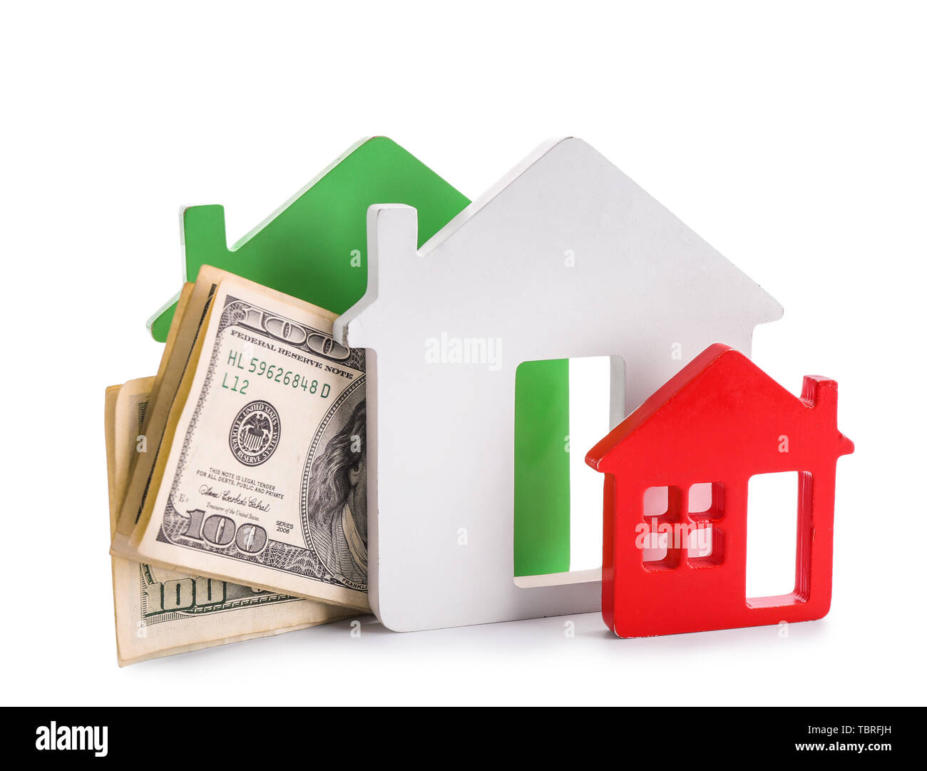 Figures of houses and money on white background. Concept of buying real ...