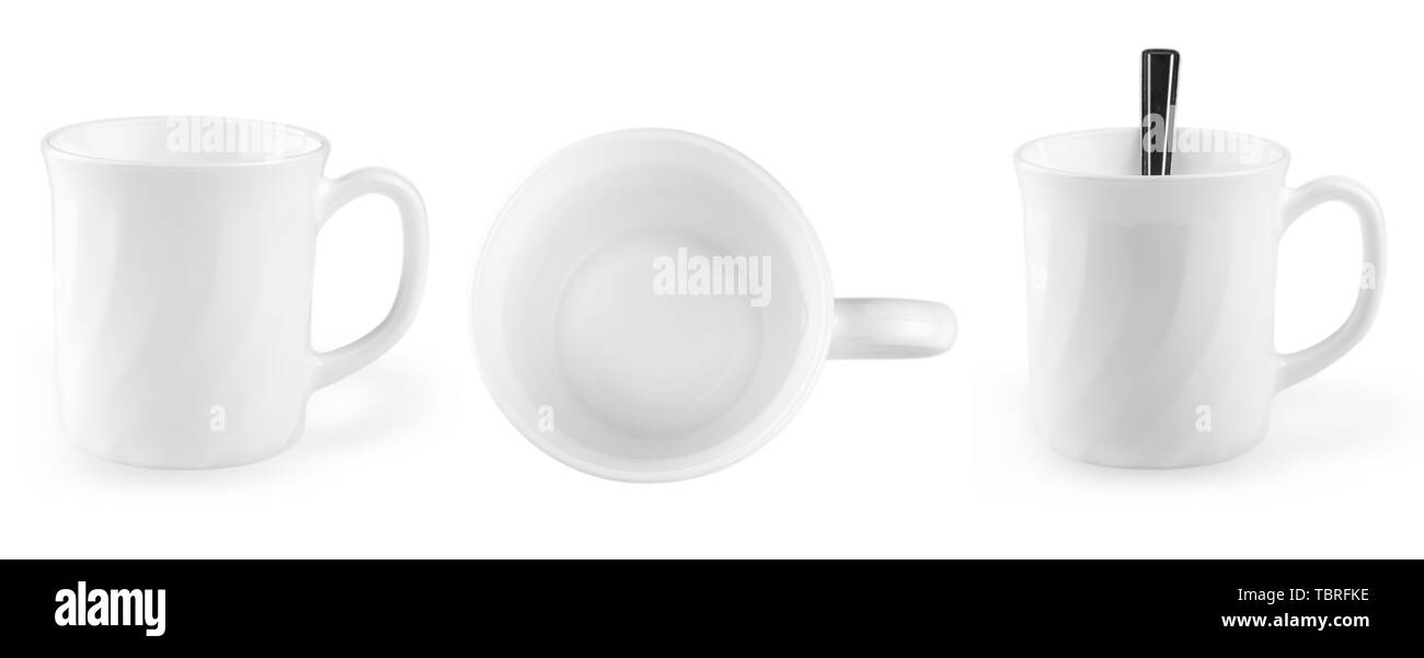 set of empty white coffee mugs isolated on white background - clipping ...