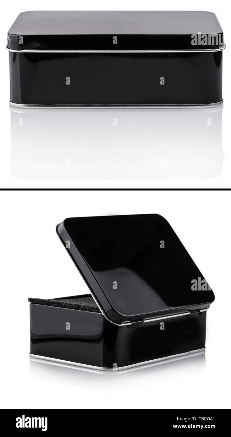 Set of black metal box close-up izolated on white background Stock ...