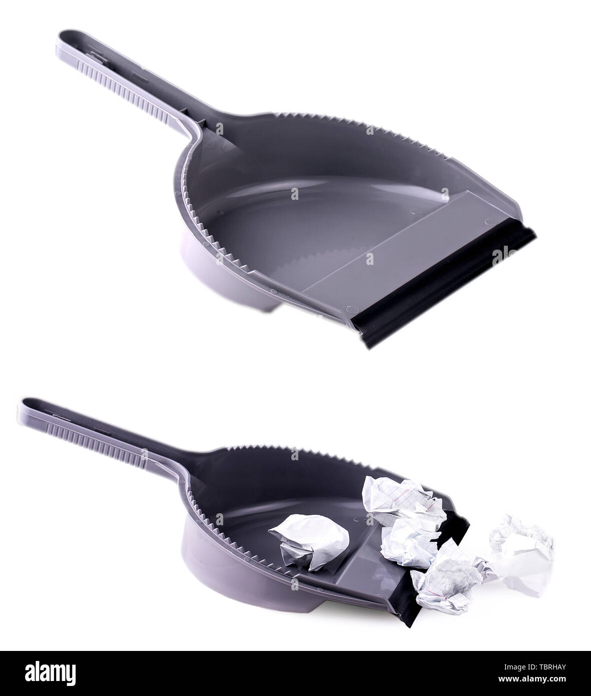 Set of dustpan for house work with garbage papers on white background ...