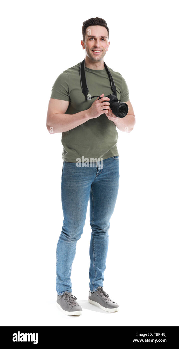 Handsome male photographer on white background Stock Photo - Alamy
