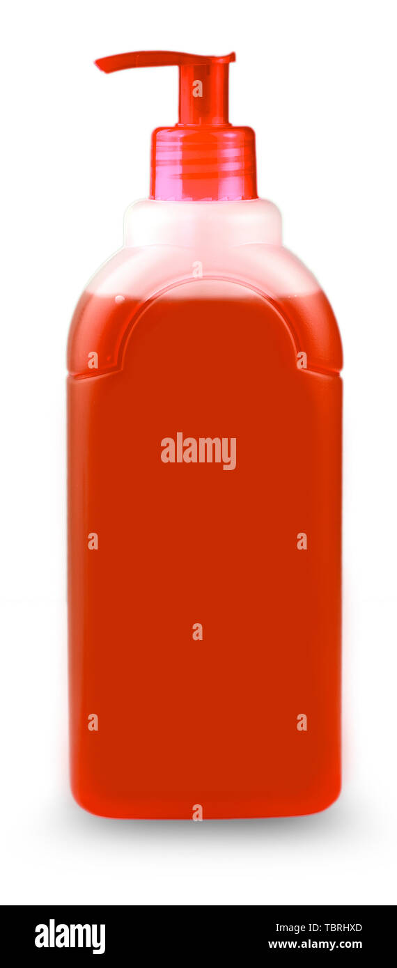 Red bottle of shampoo on white background Stock Photo - Alamy
