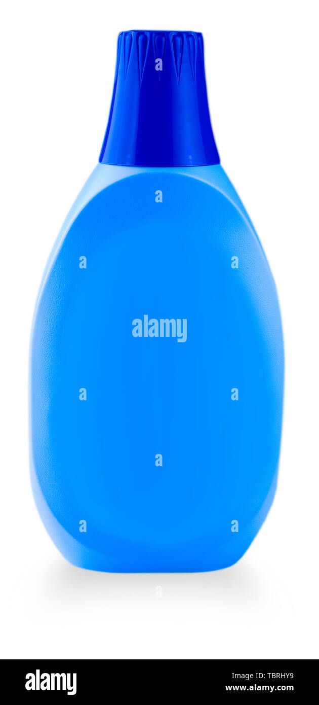 The blue plastic bottle with household chemicals on a white background ...