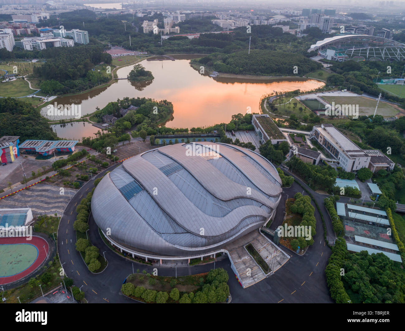 Aerial shot at Sports Center Stadium, Guangzhou University City ...