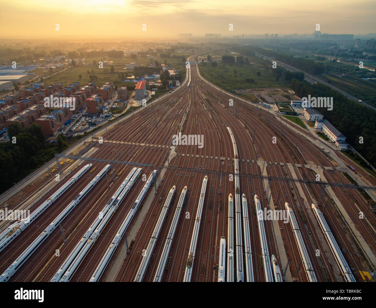 Aerial shooting high-speed rail parking lot Stock Photo - Alamy