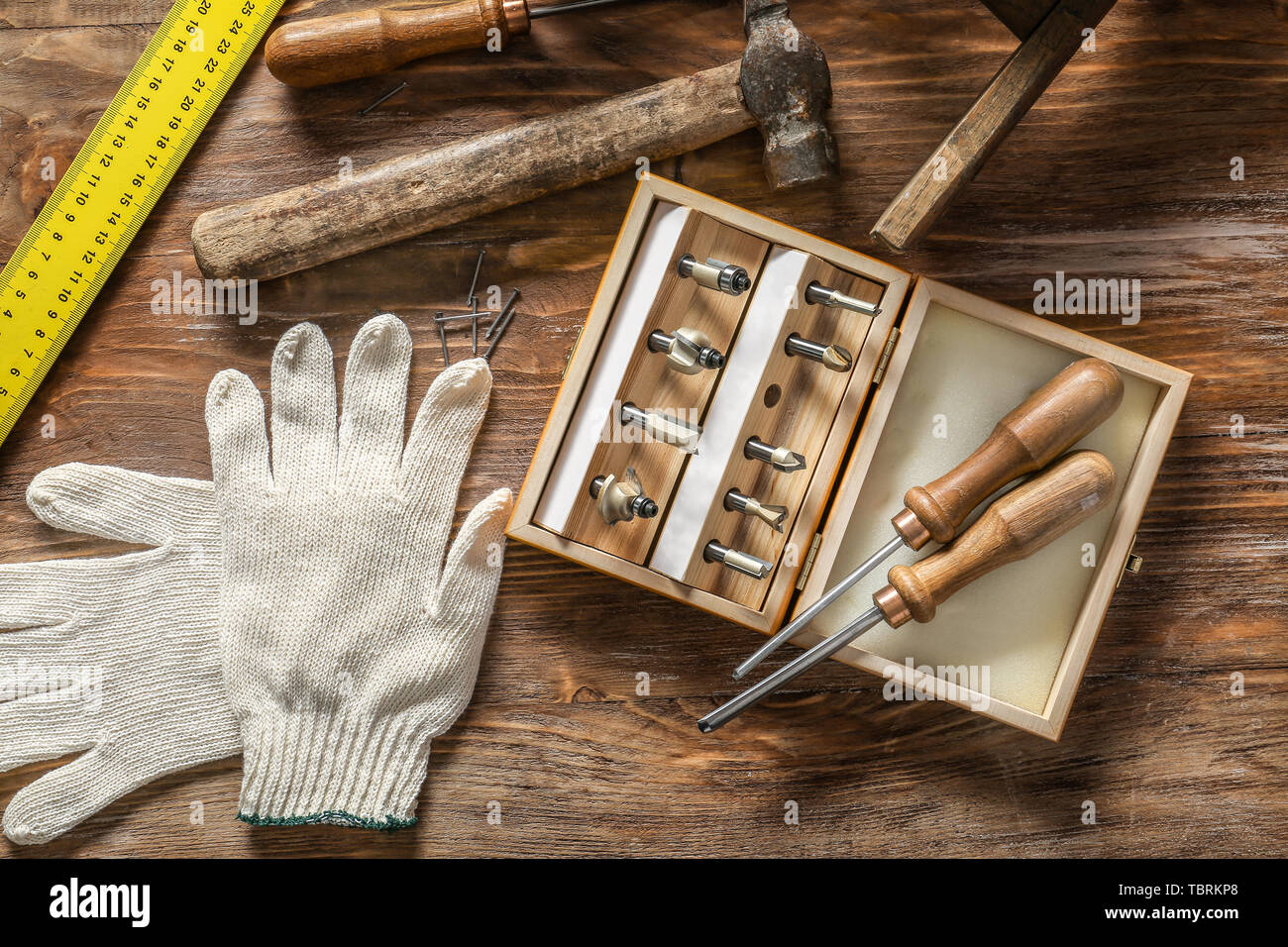 Box different carpenters tools hi-res stock photography and images - Alamy