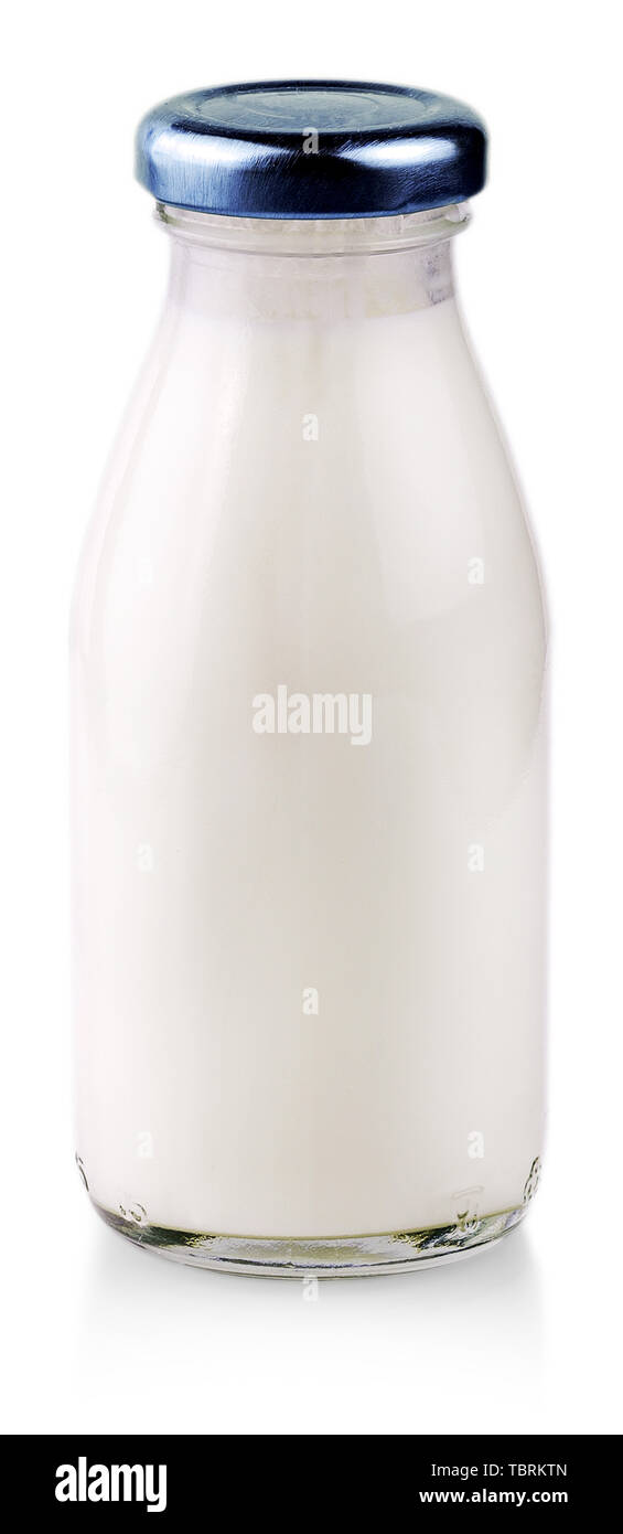 The glass bottle with milk with shadow isolated on white background ...