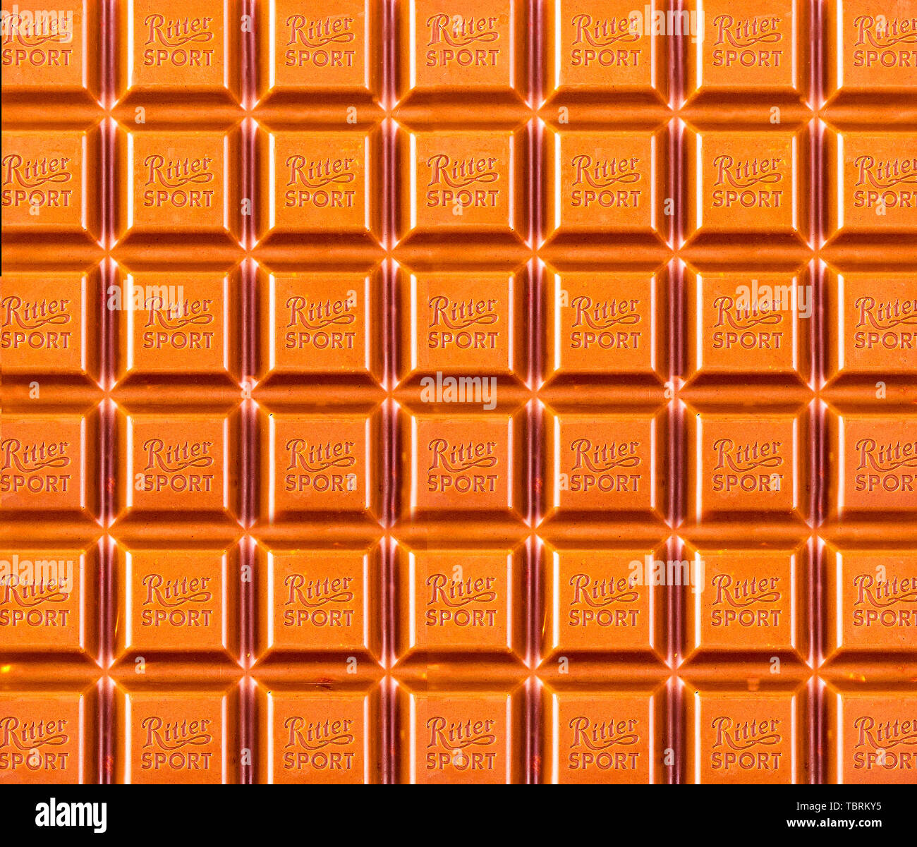 Russia, Kamchatka- July 11, 2017: Ritter Sport milk chocolate bar macro ...