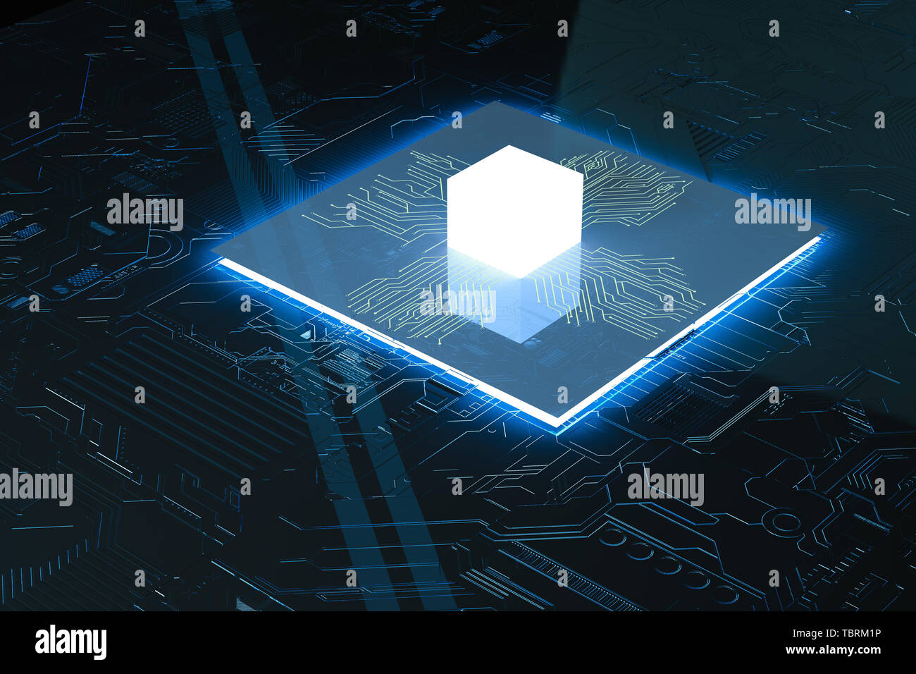 Three-dimensional rendering, circuit board with blue chip Stock Photo ...