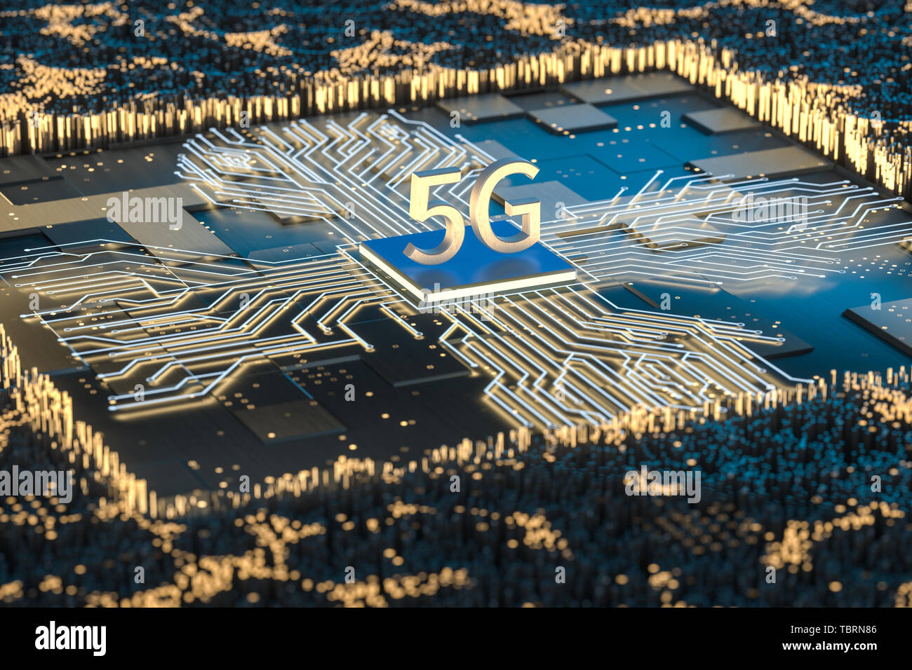 Three-dimensional rendering, 5G chip circuit, technology background ...