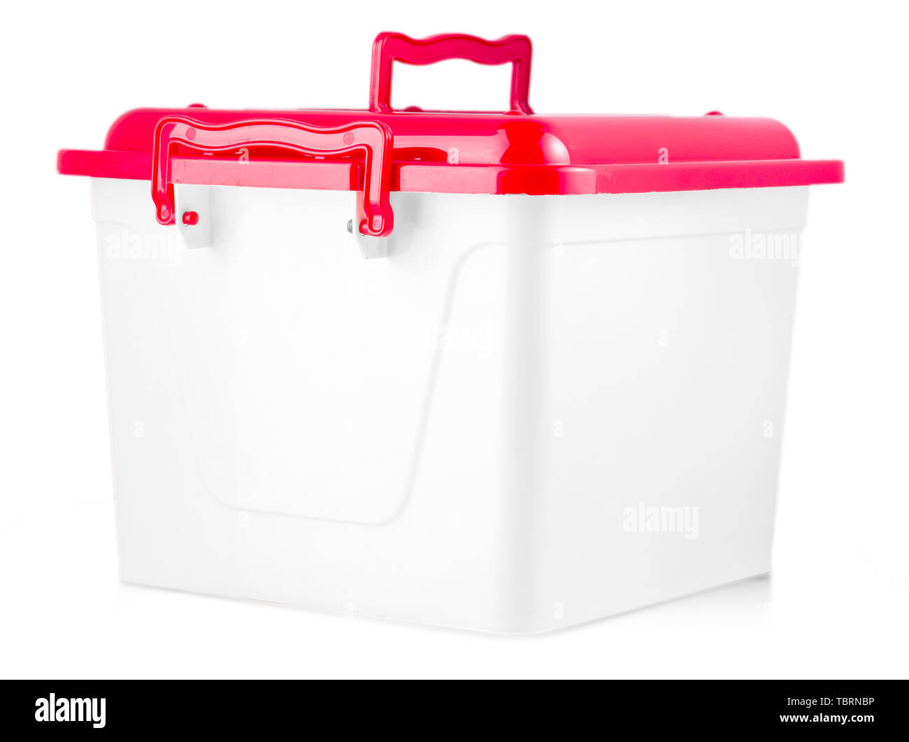 White plastic box with red cover on white Stock Photo - Alamy