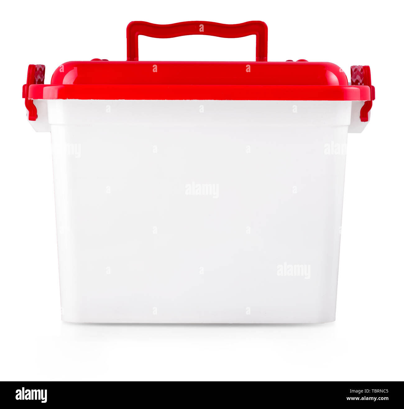 White plastic box with red cover on white background Stock Photo - Alamy