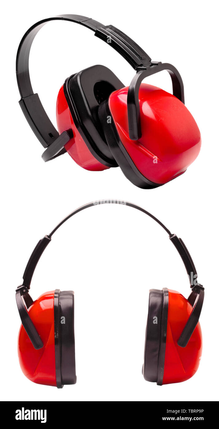 set of red earphones to work at the machine cut out on white background ...