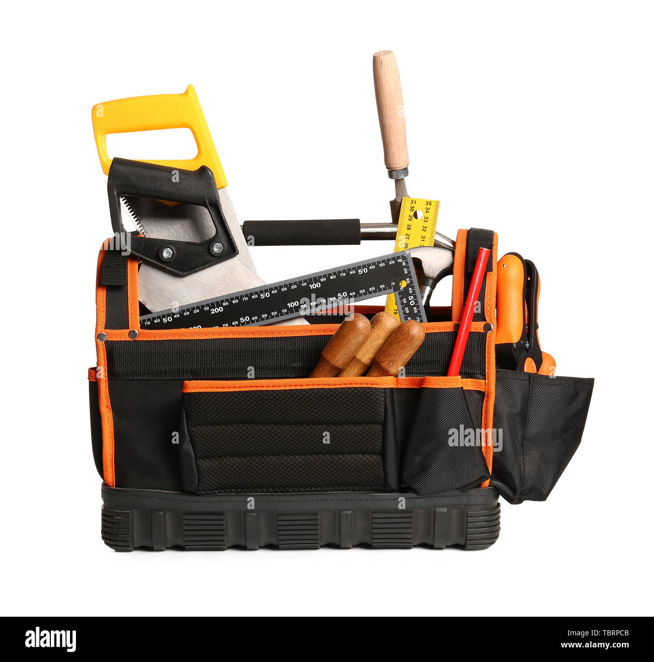 Bag with carpenter's tools on white background Stock Photo - Alamy