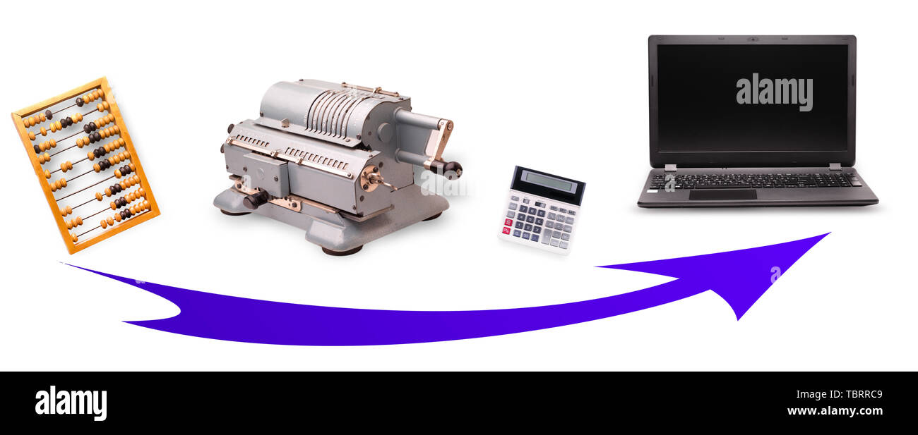 Technology progress concept, vintage abacus, adding machine, calculator ...