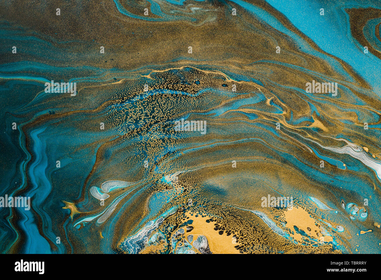 Acrylic Fluid Art. Spots of gold inclusions and aquamarine waves ...