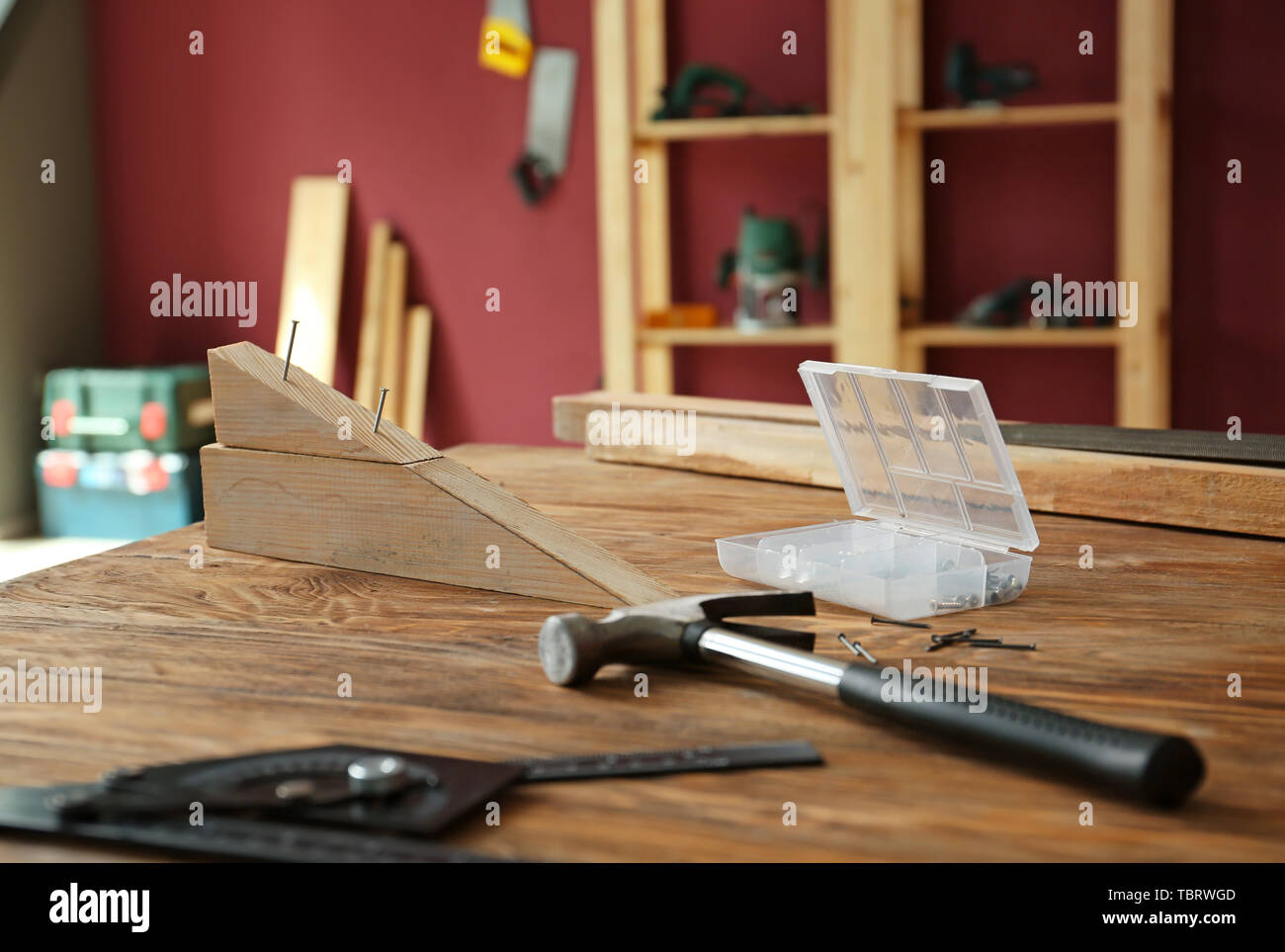 Workplace of carpenter in shop Stock Photo - Alamy