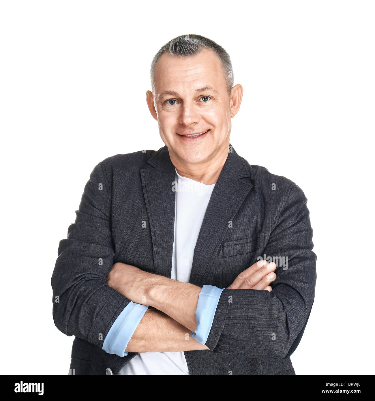 Portrait of handsome middle-aged man on white background Stock Photo ...