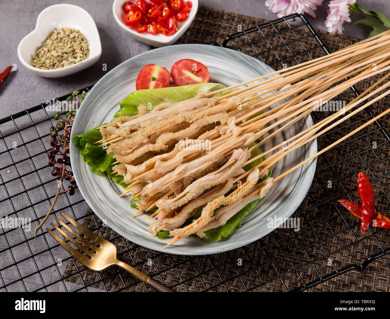 Iron plate barbecue lamb kebab, duck gizzard, lamb, pork beef Stock ...