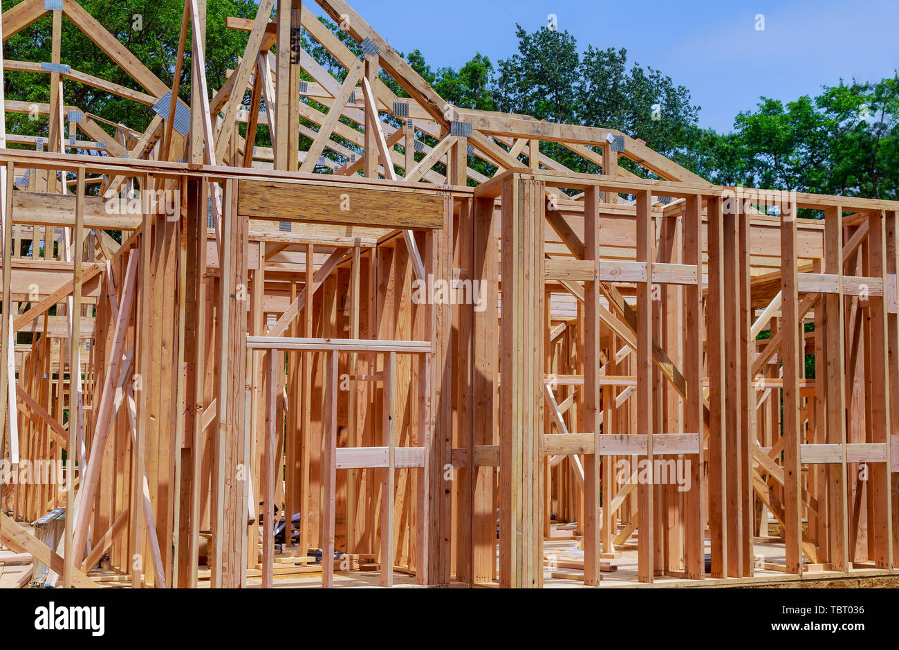 New Home Construction building of exterior wood frame and beam ...