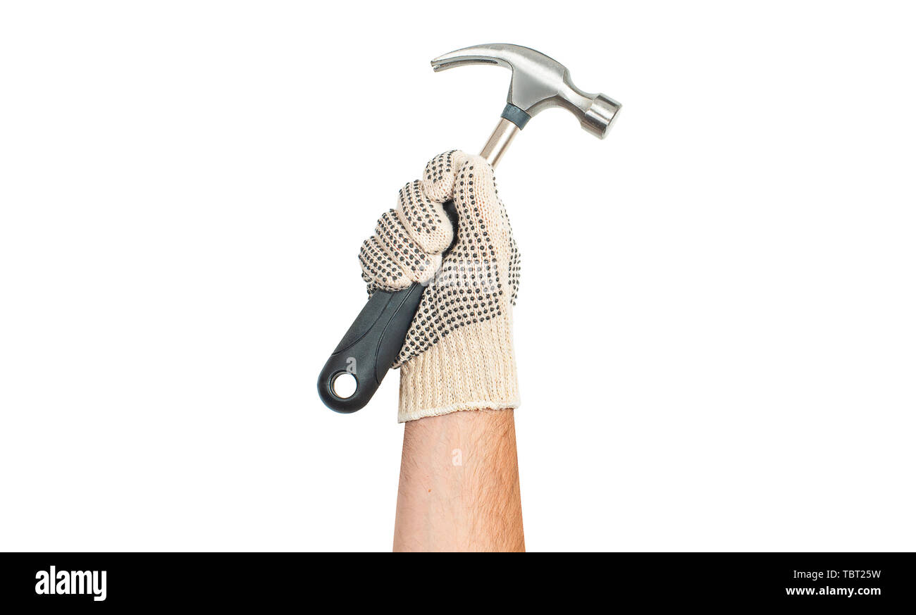 Tool. Hand in glove is holding hammer isolated on a white background ...