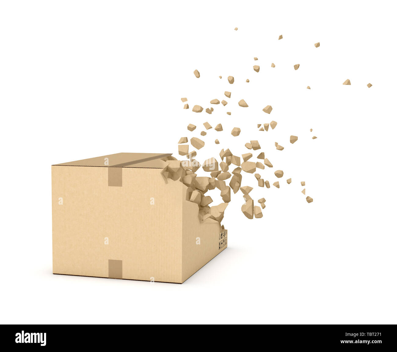 3d rendering of carton box shattering into small pieces isolated on ...