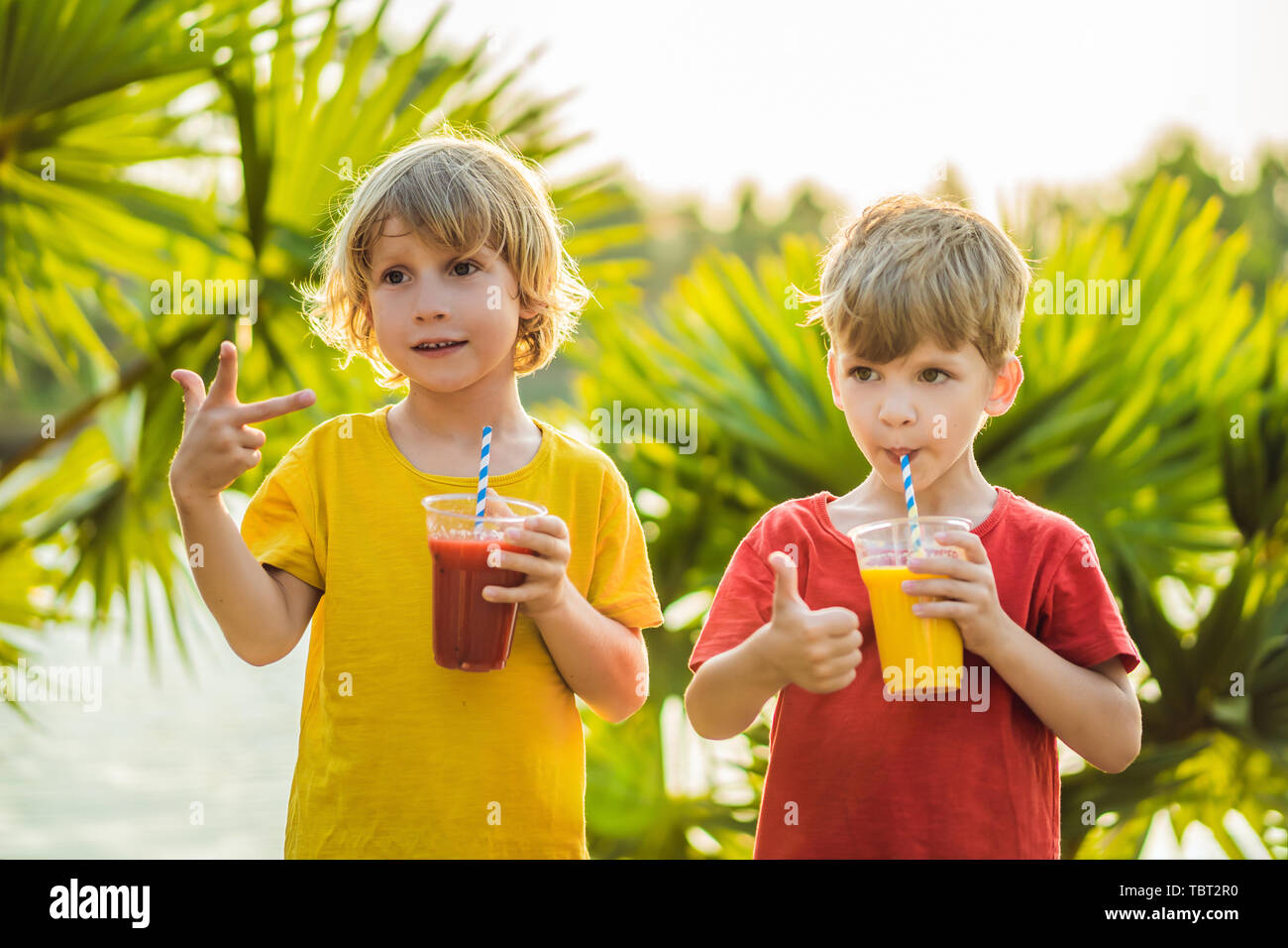 Two boys drink healthy smoothies against the backdrop of palm trees ...