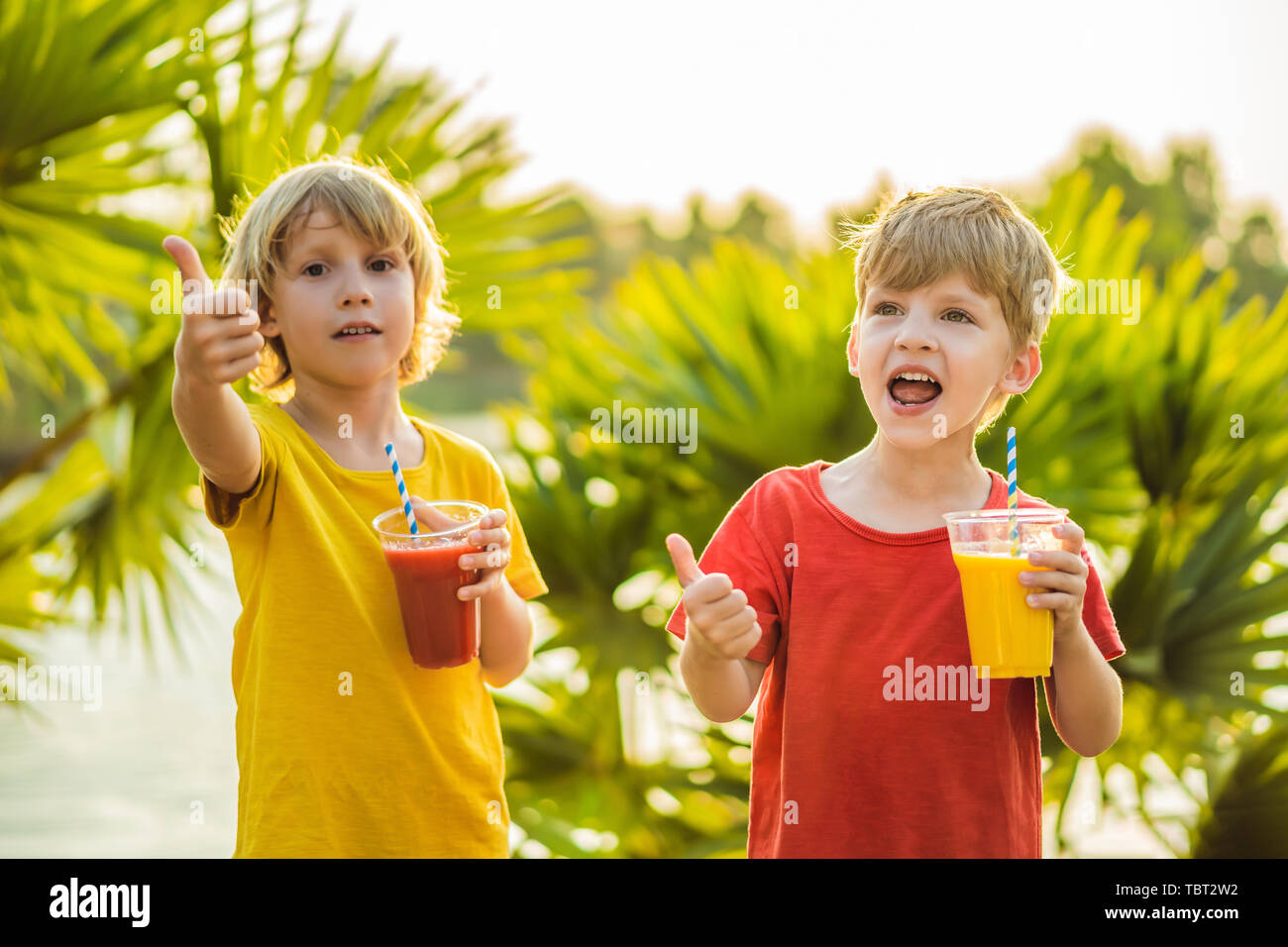 Two boys drink healthy smoothies against the backdrop of palm trees ...