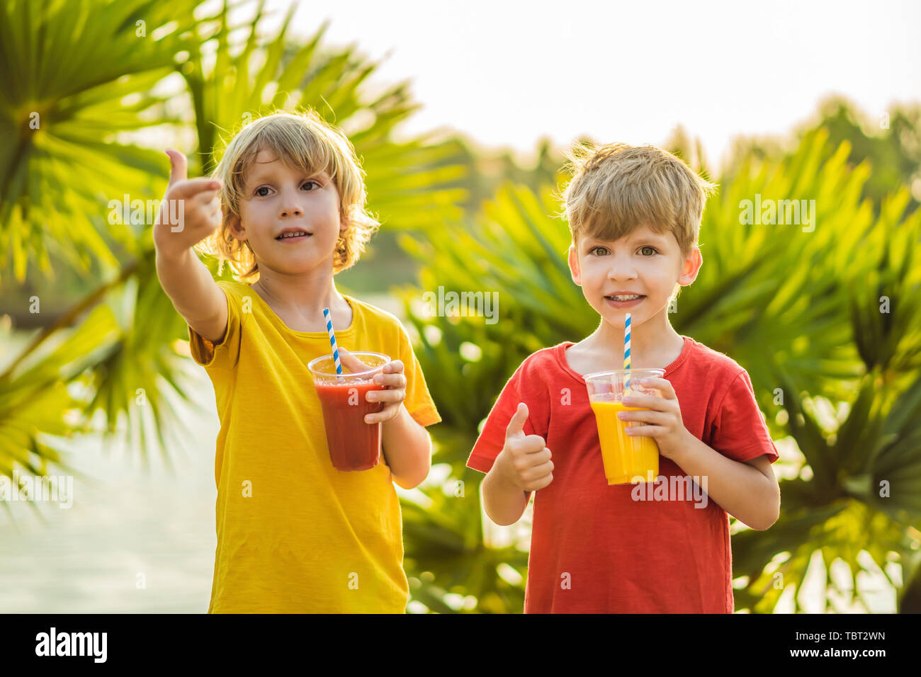 Two boys drink healthy smoothies against the backdrop of palm trees ...